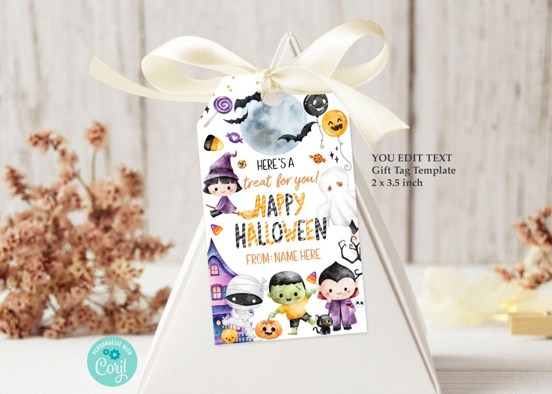EDITABLE Halloween Treat Gift Tag. Cute Kid Costume Party Goody Label ...