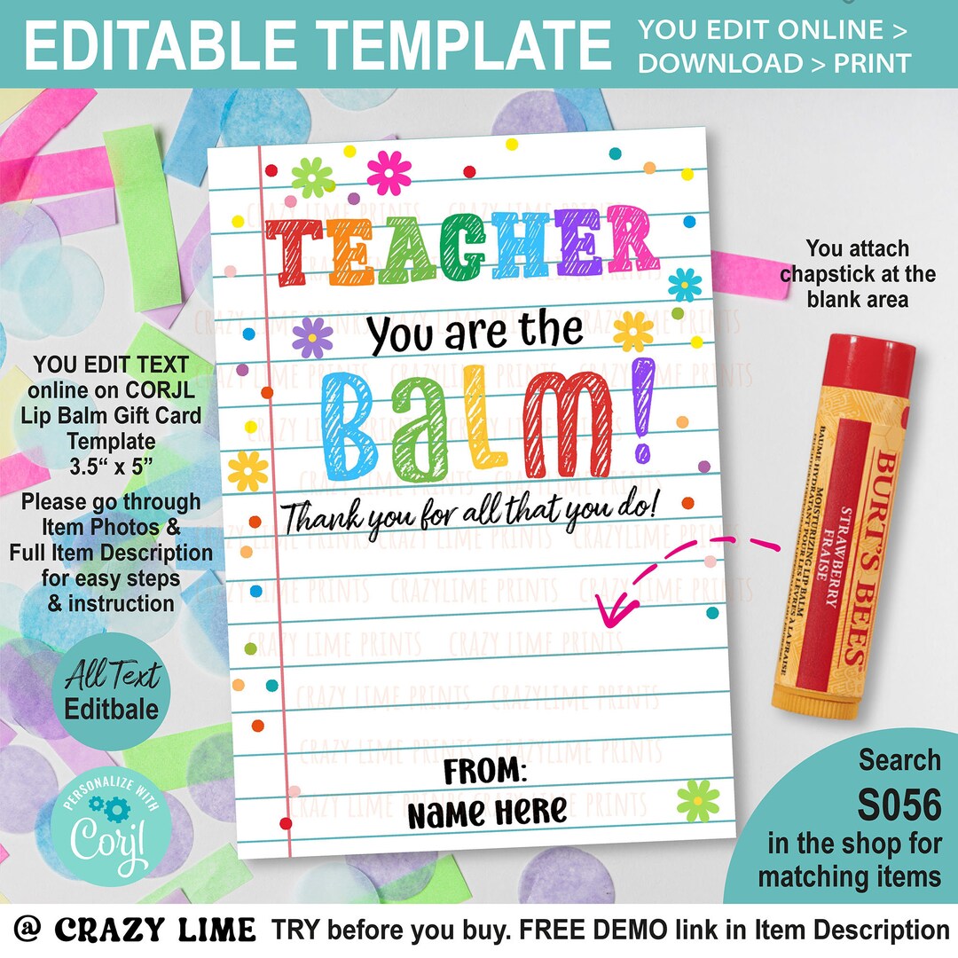 Teacher Lip Balm Gift Tag. EDITABLE Teacher Appreciation Gift Card. You ...