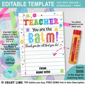 Teacher Lip Balm Gift Tag. EDITABLE Teacher Appreciation Gift Card. You ...