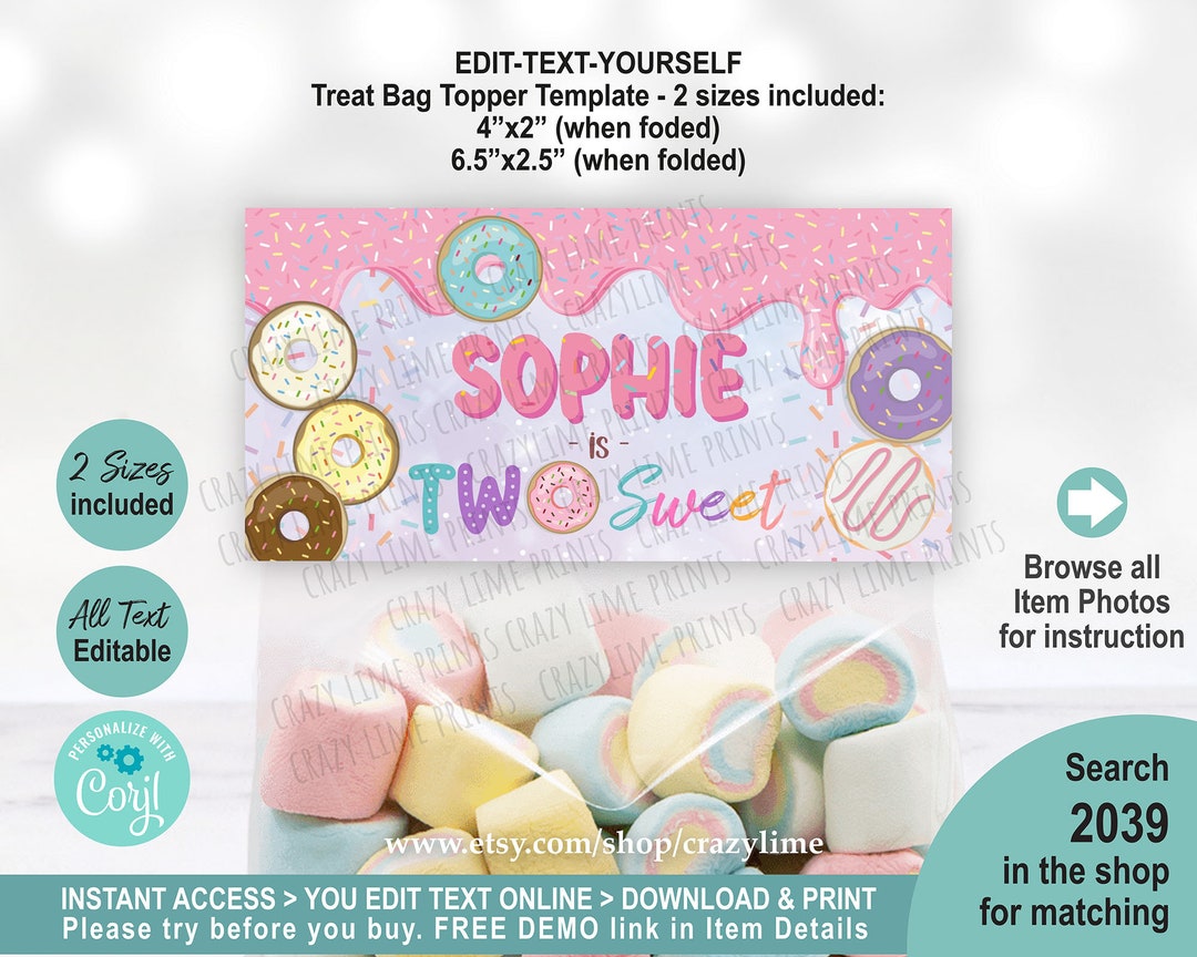 EDITABLE Donut Two Sweet 2nd Birthday Treat Bag Topper Template ...