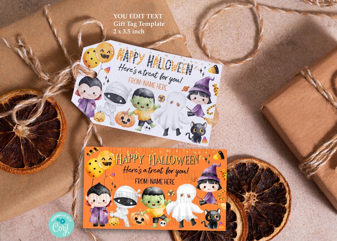 EDITABLE Halloween Treat Gift Tag. Cute Kid Costume Party Goody Label ...