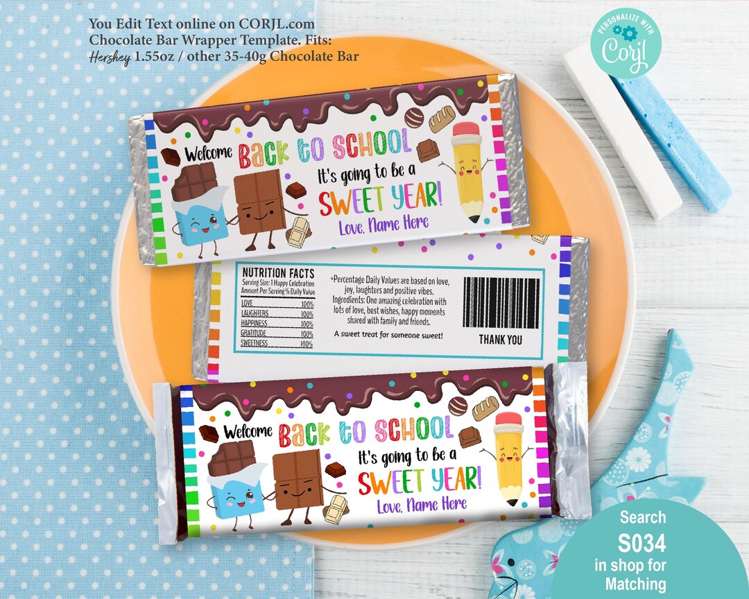 Back to School Chocolate Candy Bar Wrapper EDITABLE Template. Sweet ...