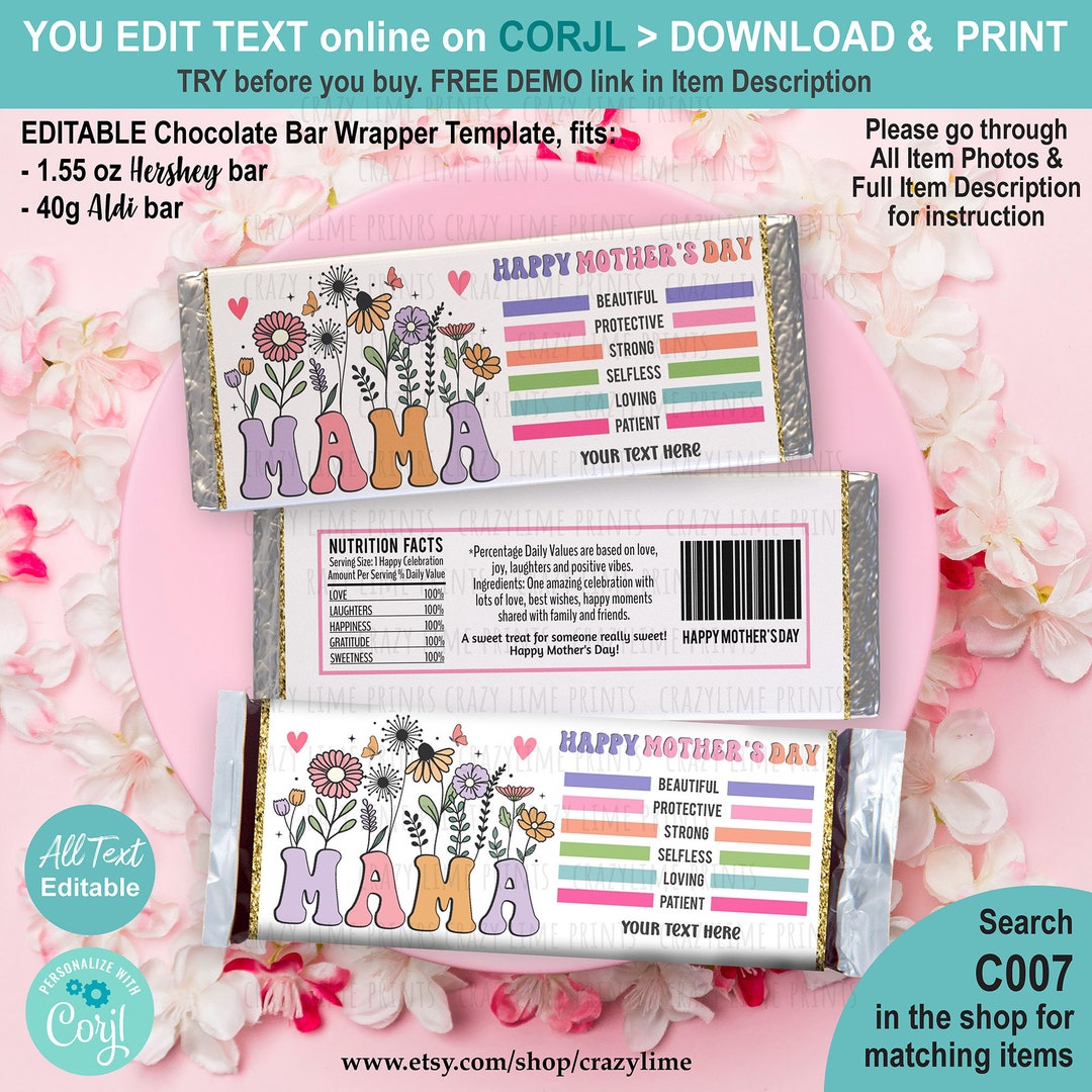 EDITABLE Happy Mother's Day Candy Bar Wrapper Template. Floral Party ...