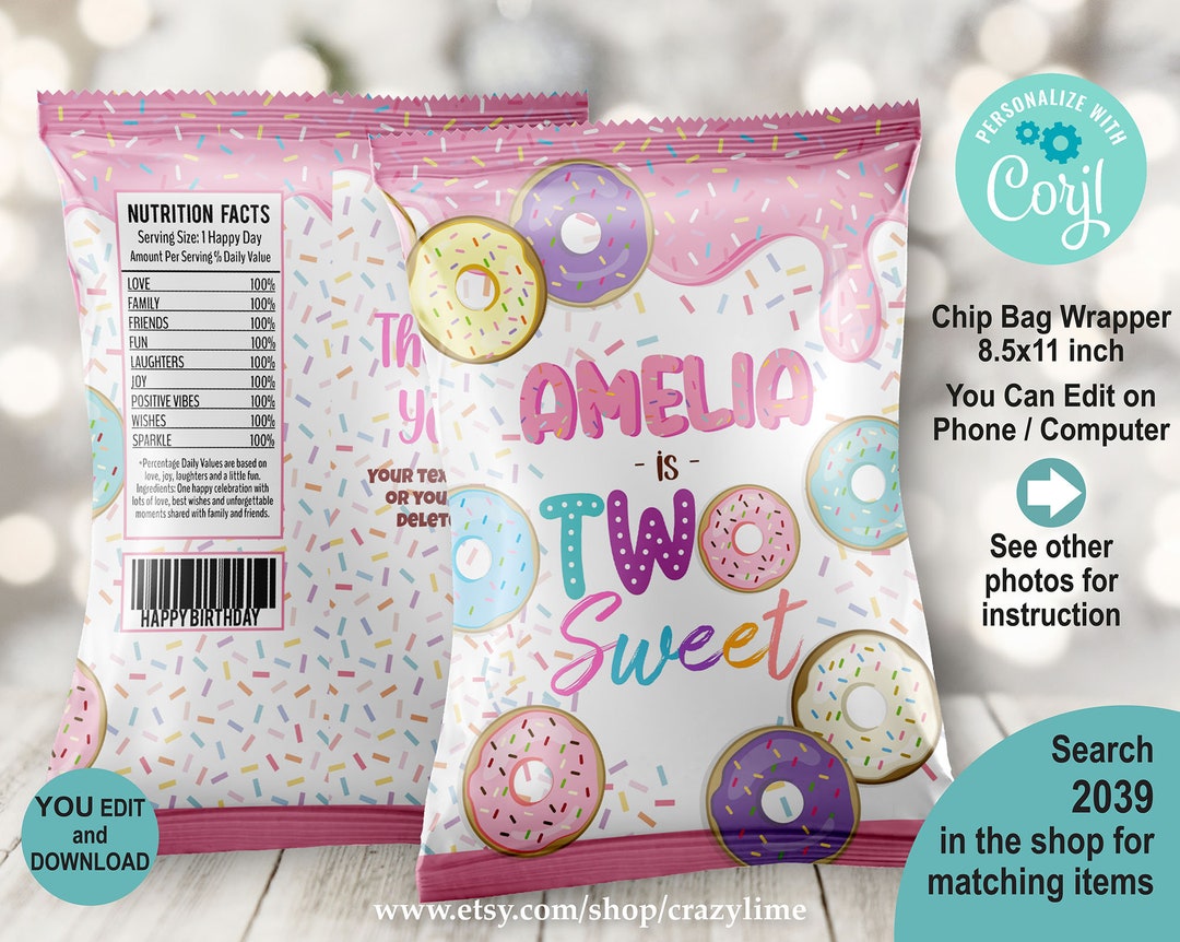 EDITABLE Donut Two Sweet Birthday Chip Bag Wrapper Template ...