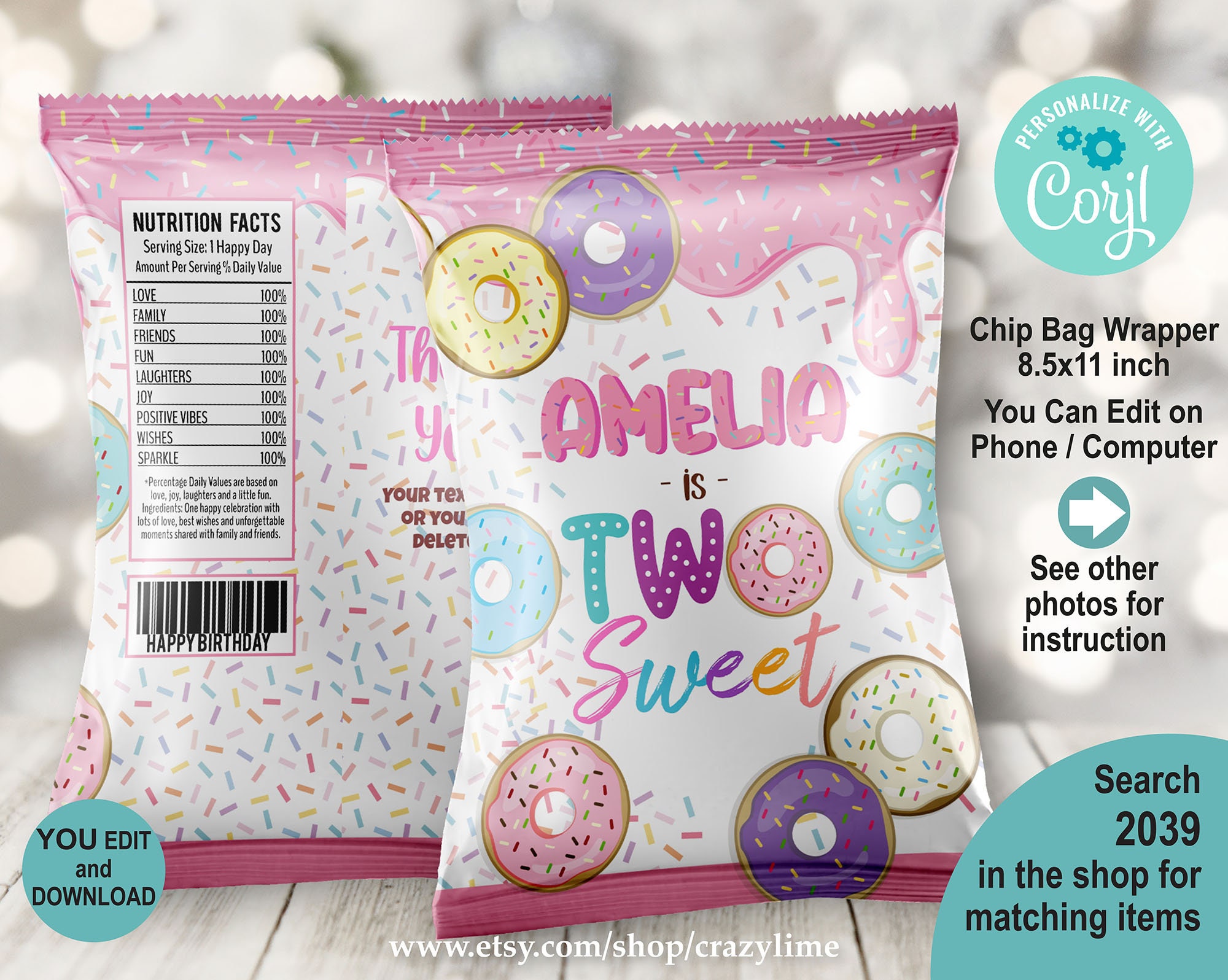 EDITABLE Donut Two Sweet Birthday Chip Bag Wrapper Template ...