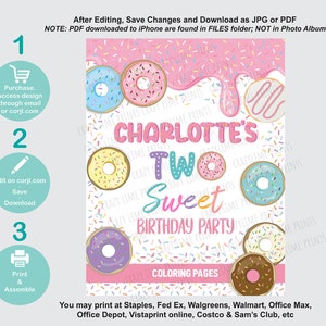 EDITABLE Donut Two Sweet Coloring Pages. 8.5x11 Inch Prints Full Page ...
