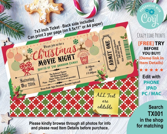 Christmas Movie Night Ticket Invitation. EDITABLE Holiday | Etsy