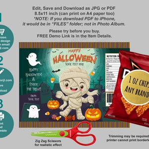 Halloween Chip Bag Template. EDITABLE Name Text Kid Party Favors Crisp ...