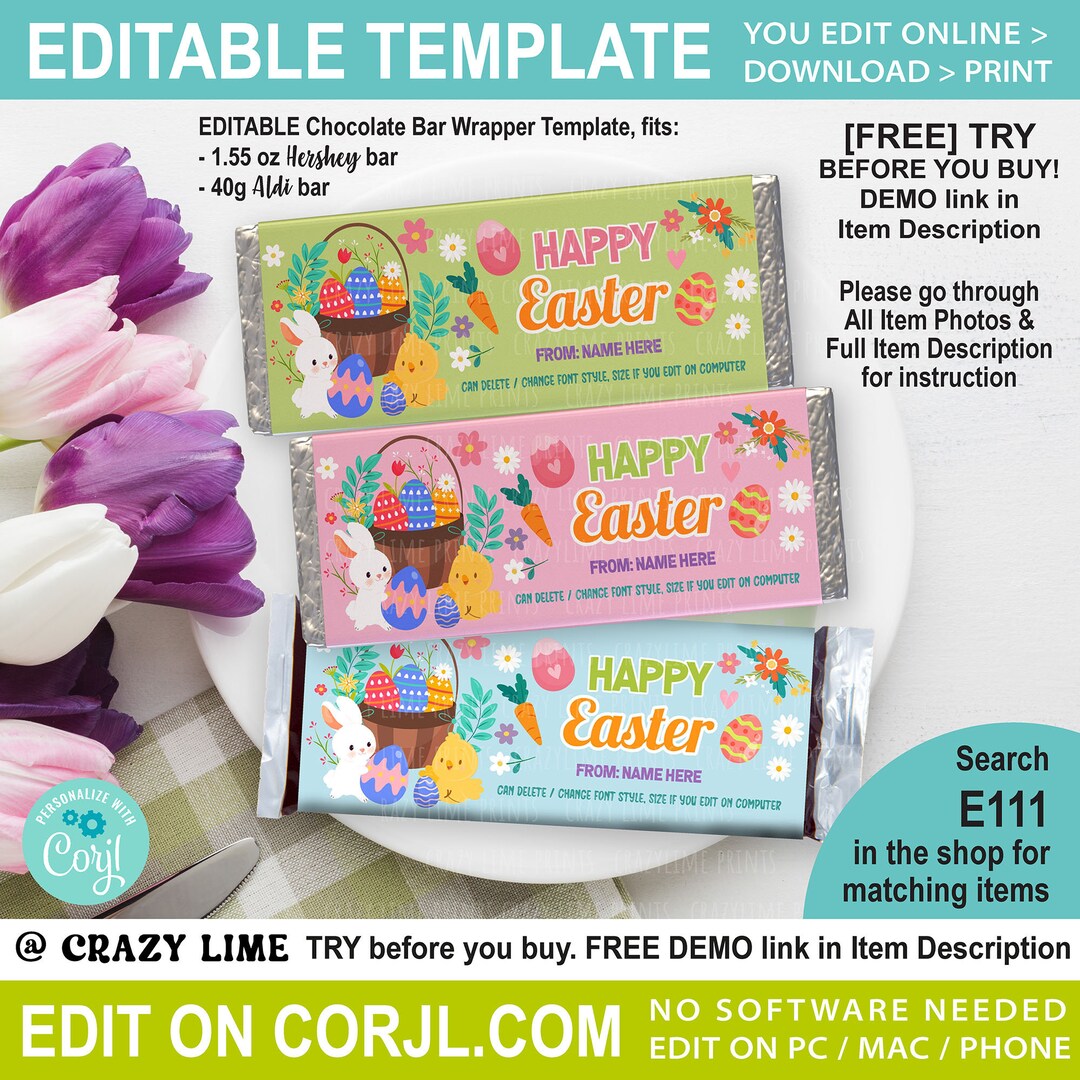 EDITABLE Easter Chocolate Candy Bar Wrapper Personalised Template ...
