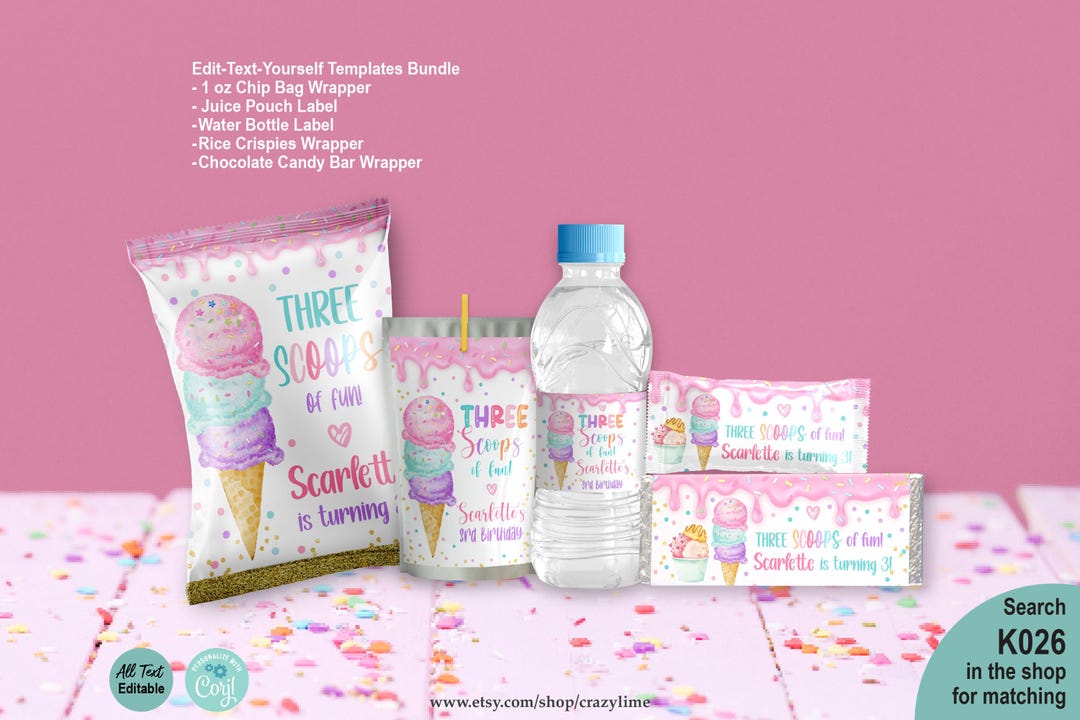 EDITABLE Three 3 Scoops of Fun Party Favors Bundle Set of 5 Templates ...