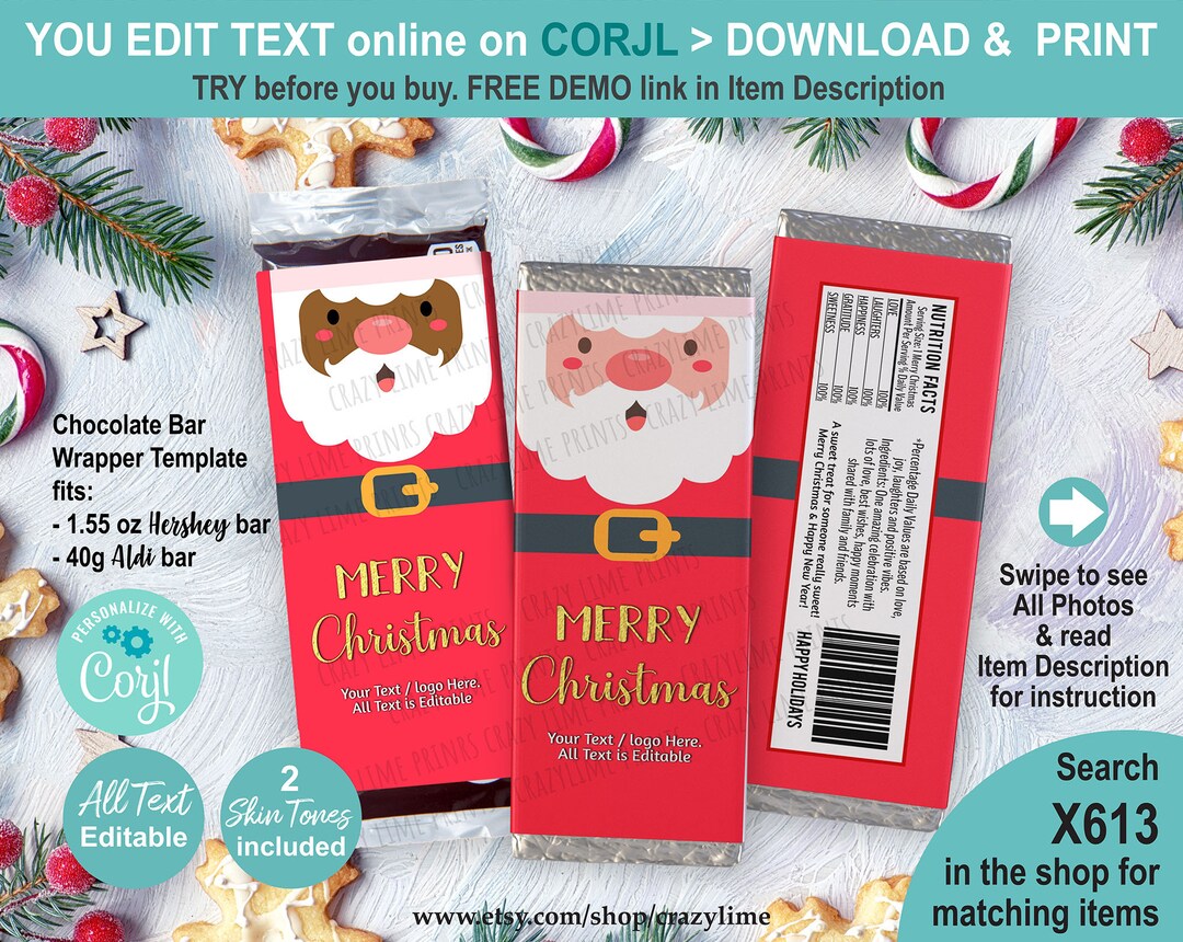 EDITABLE Santa Claus Christmas Chocolate Candy Bar Wrapper Personalised ...