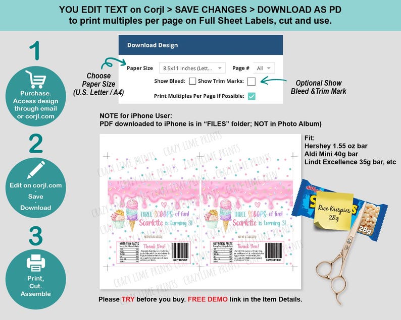 EDITABLE Three 3 Scoops of Fun Party Favors Bundle Set of 5 Templates ...