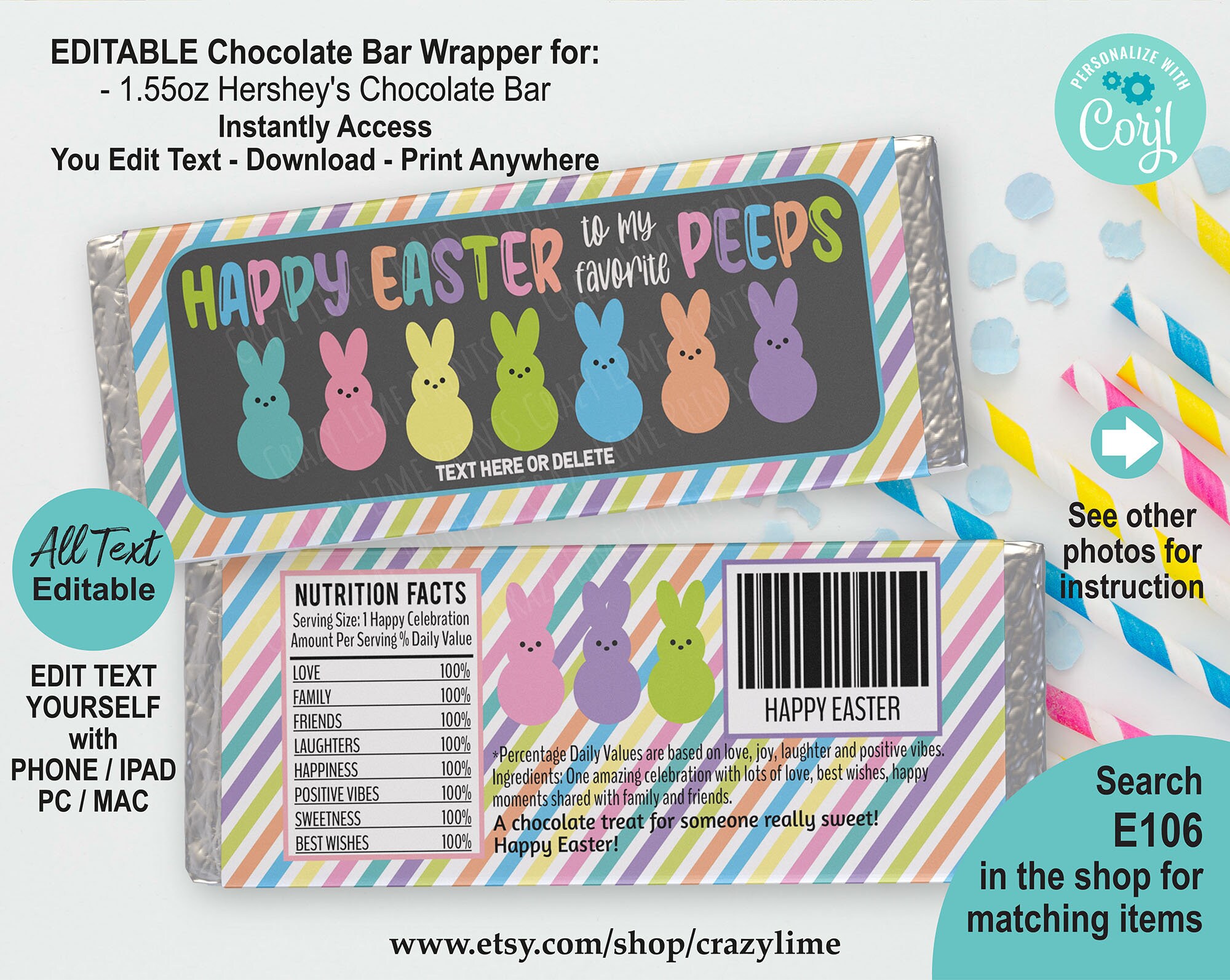 EDITABLE Easter Bunny Chocolate Candy Bar Wrapper. Cute Pastel - Etsy