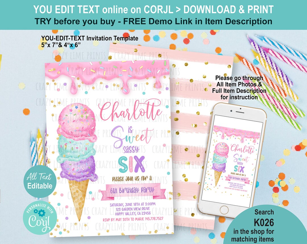 EDITABLE Ice Cream Sweet Sassy Six 6th Birthday Invitation. Girl 4th ...