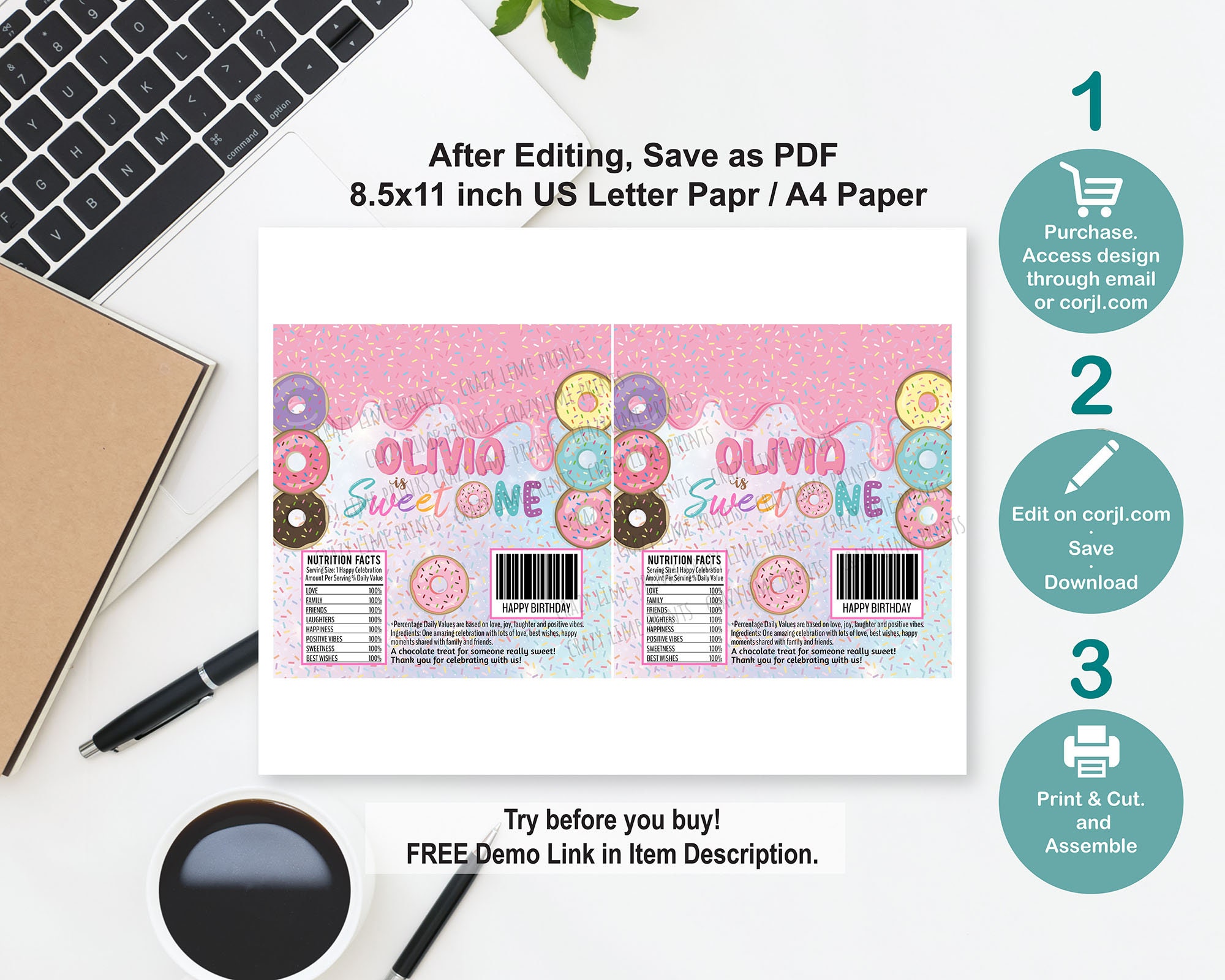 EDITABLE Donut Sweet One Birthday Chocolate Candy Bar Wrapper - Etsy