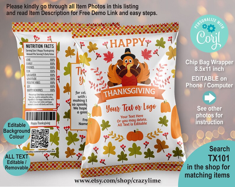 EDITABLE Thanksgiving Chip Bag Wrapper Printable Template. Cute Turkey ...