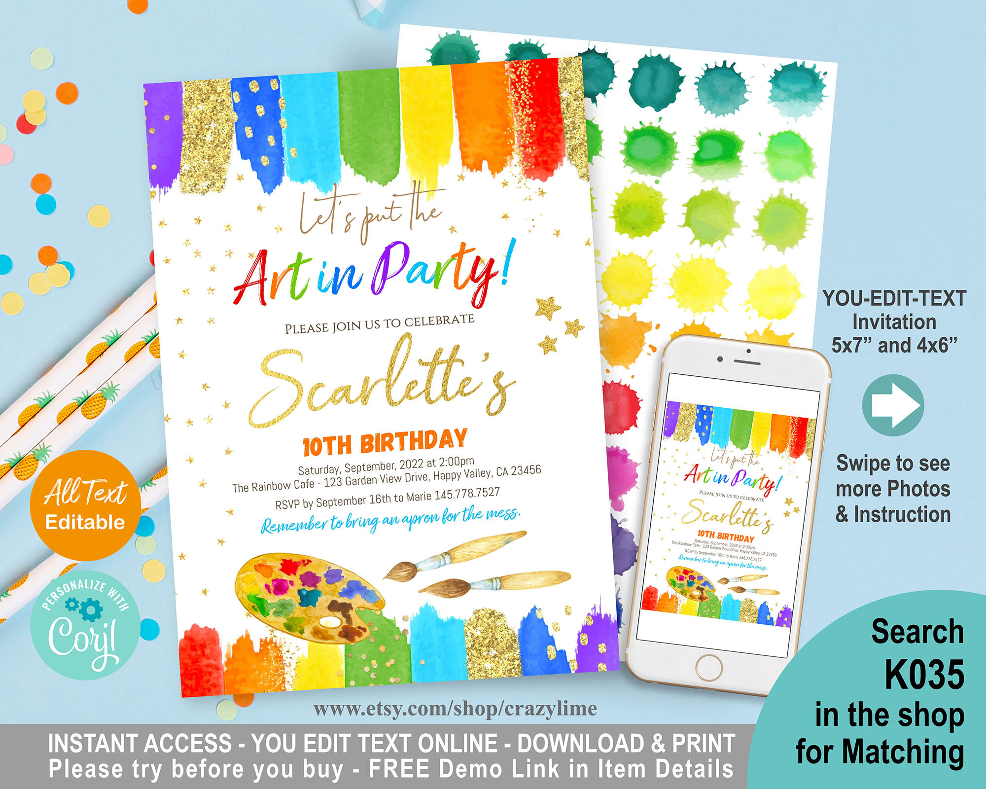 Editable Art Birthday Party Invitation. Kid Painting Party - Etsy Canada