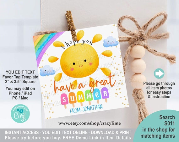 Sun Have A Great Summer Gift Tag. End of School Year Summer - Etsy