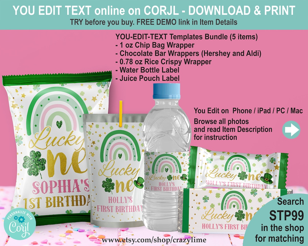 EDITABLE Lucky One 1st Birthday Party Favors Bundle. Set of 5 Templates ...