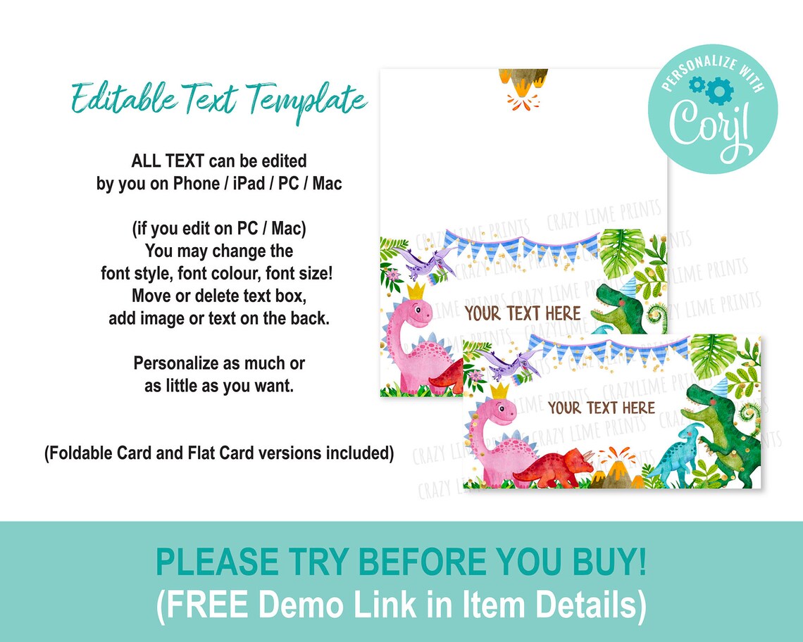 EDITABLE Dinosaur Place Card Template. Printable Cute Dino - Etsy