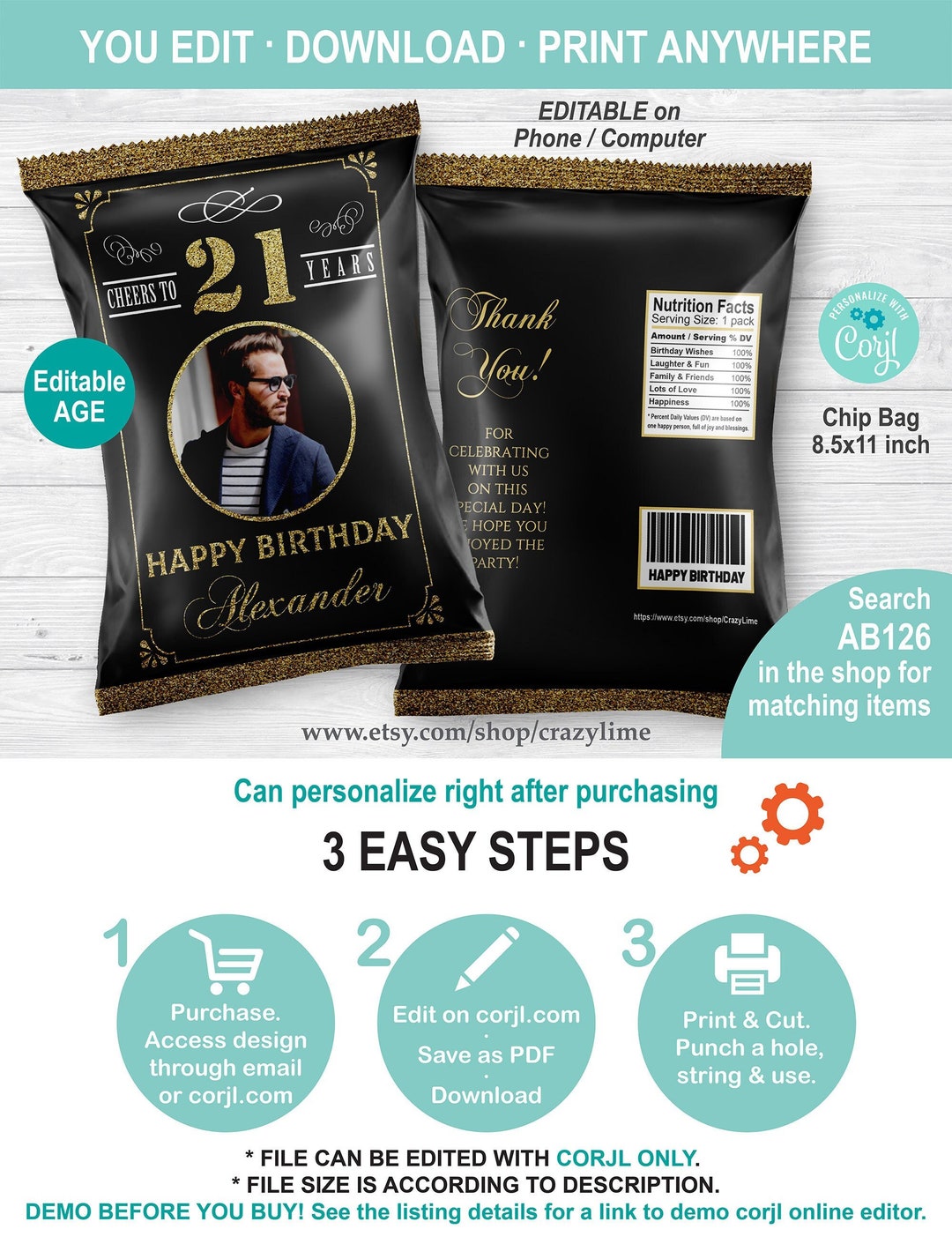 EDITABLE Cheers to 21 Years Adult Birthday Chip Bag. Black and Gold ...