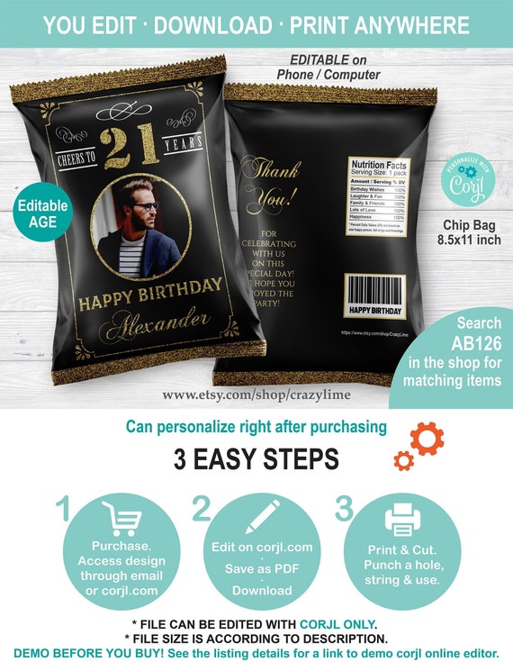EDITABLE Cheers to 21 Years Adult Birthday Chip Bag. Black and - Etsy