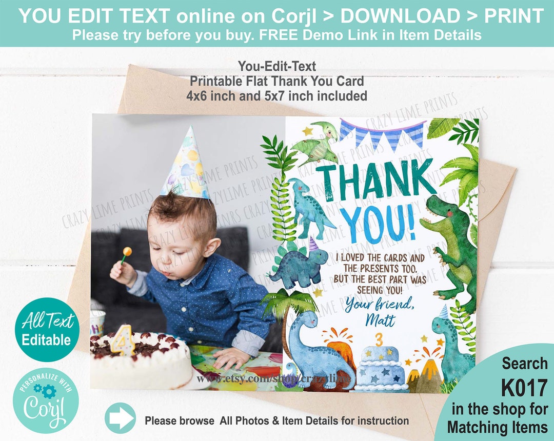 EDITABLE Dinosaur Thank You Card With Photo. Boy Dino Birthday Party ...