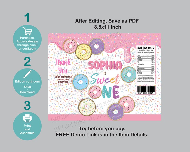 EDITABLE Donut Sweet One 1st Birthday Chip Bag Wrapper - Etsy