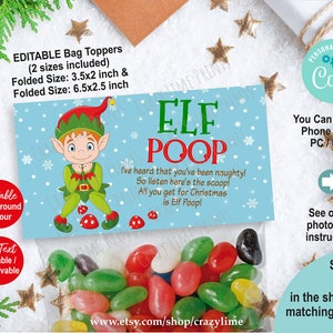 EDITABLE Elf Poop Candy Bag Topper. Printable Kids Christmas Party ...