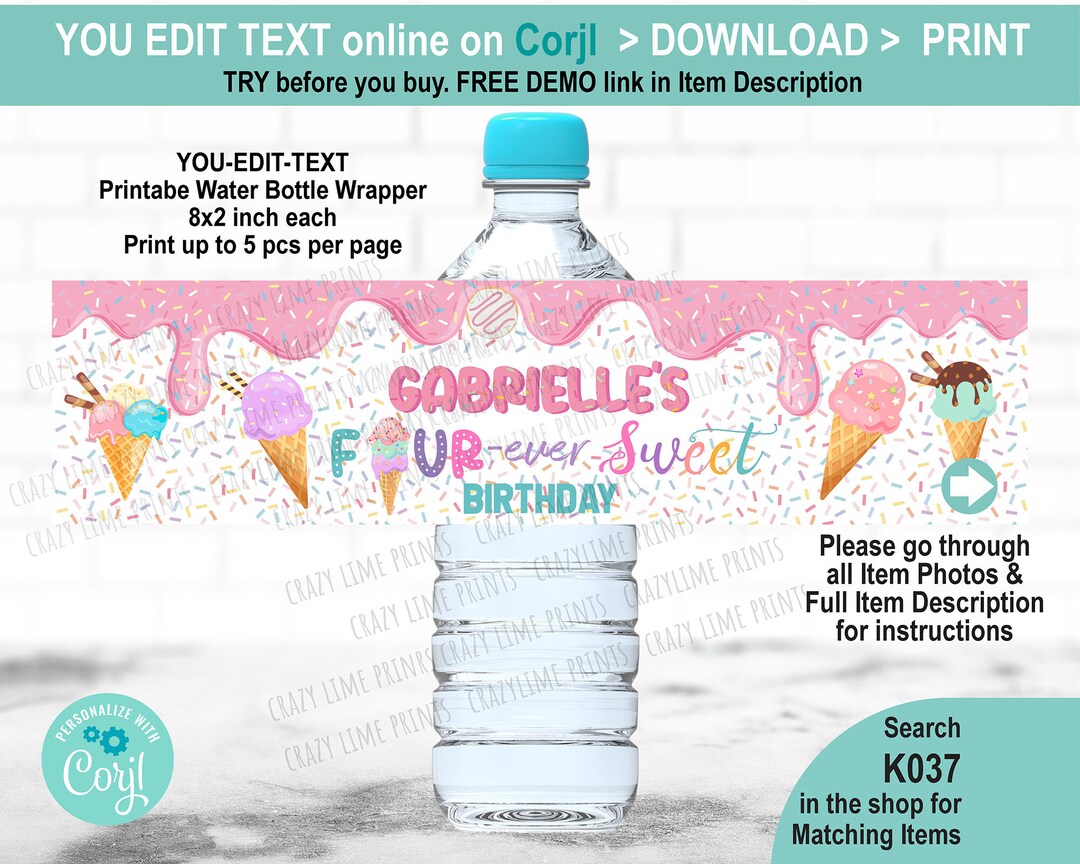 EDITABLE Icecream Forever Sweet 4th Birthday Water Bottle Label ...