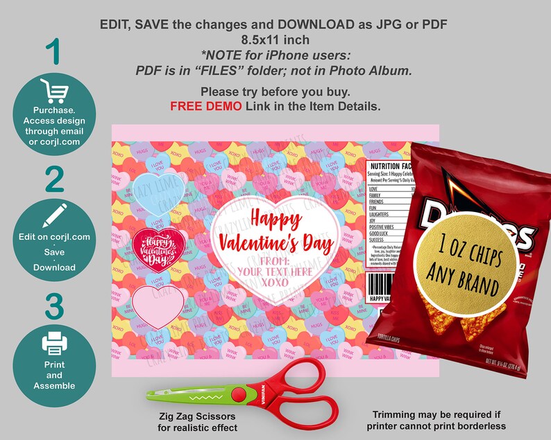 EDITABLE Happy Valentine's Day Chip Bag Template. Pastel Heart Candy ...
