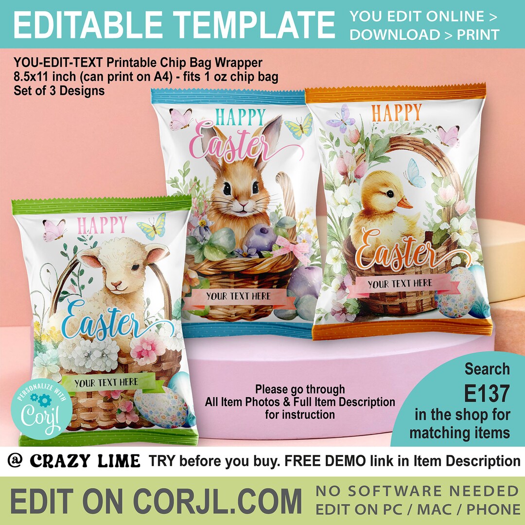 EDITABLE Easter Chip Bag Template Set of 3 Bundle. Vintage Watercolor ...