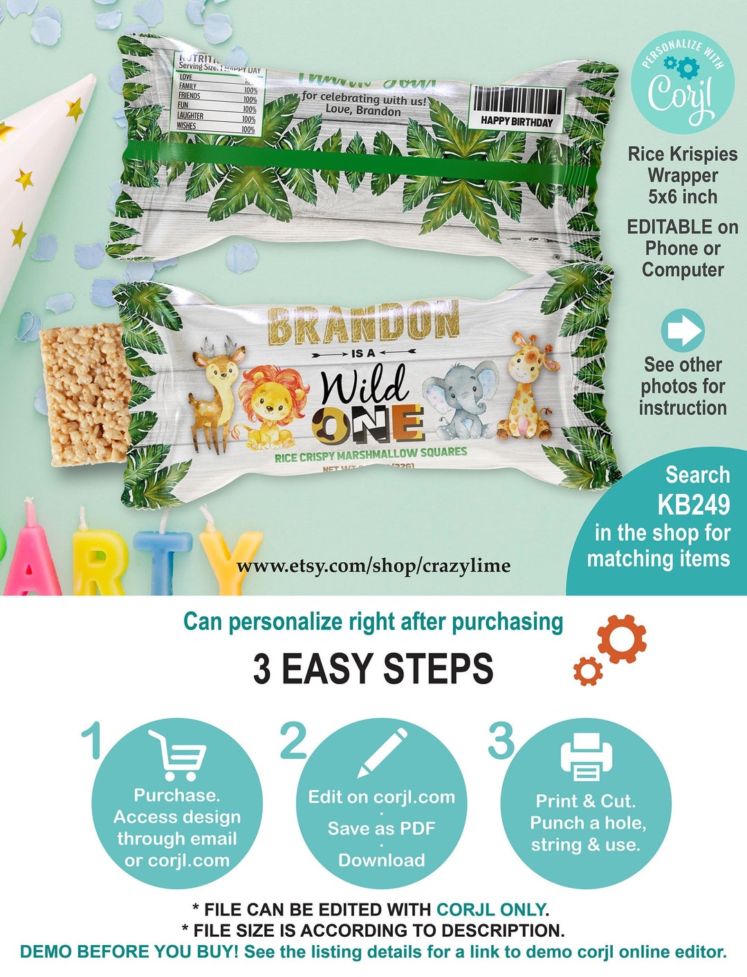Wild One Jungle Zoo Safari Rice Snack Krispie Wrapper Template. Animals ...