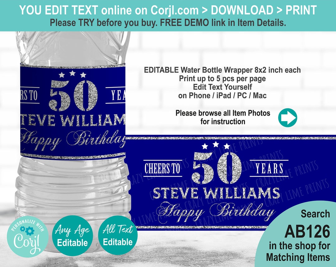 EDITABLE Cheers to 50 Years Silver Blue Water Bottle Label Template ...