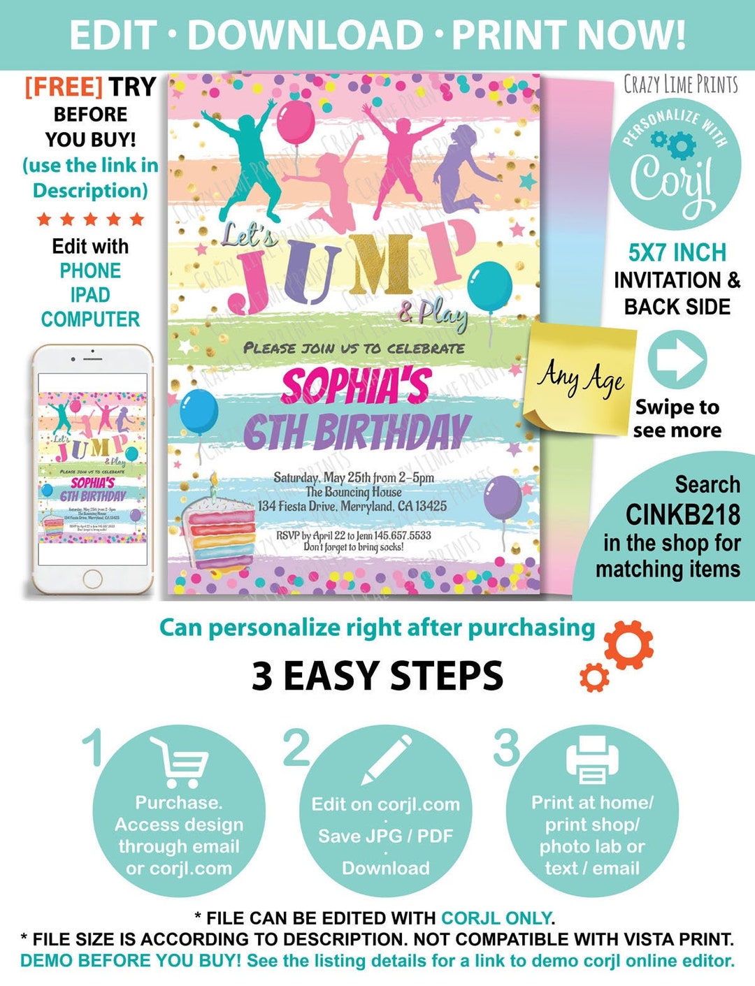 JUMP Invitation Jump Birthday Invitation. EDITABLE Tampoline Party ...