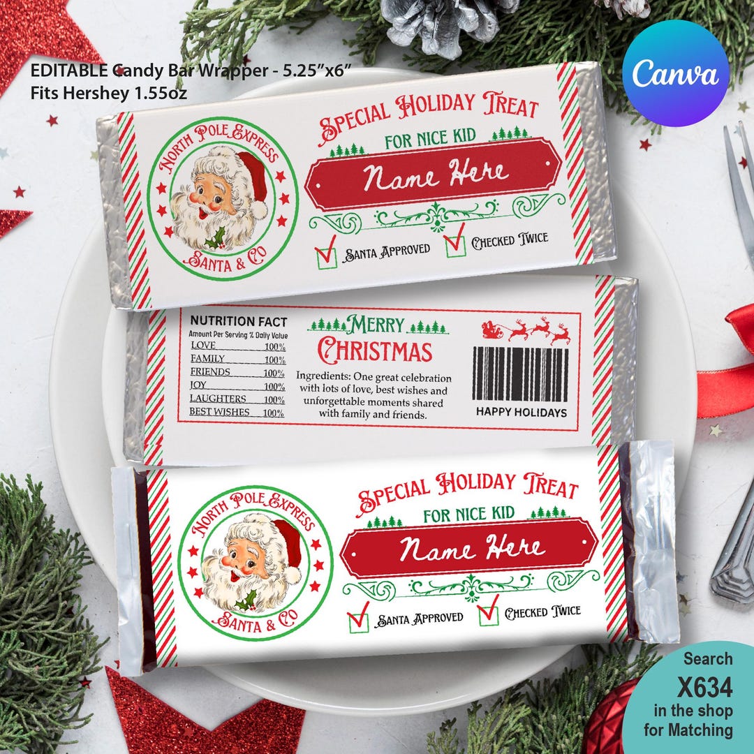 EDITABLE Santa Chocolate Candy Bar Wrapper Personalised Template. North ...