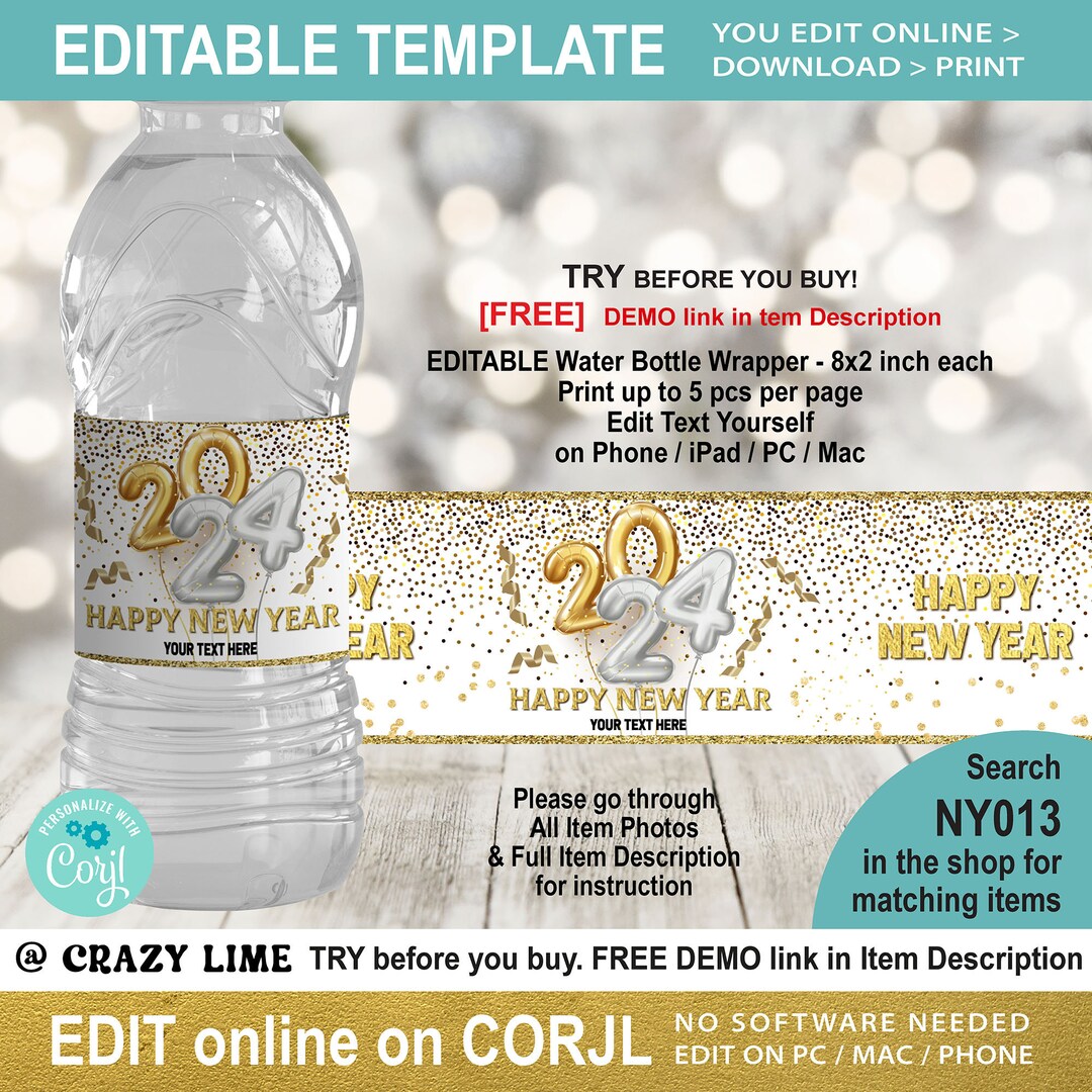 EDITABLE 2024 Happy New Year Water Bottle Label Template. Printable New ...