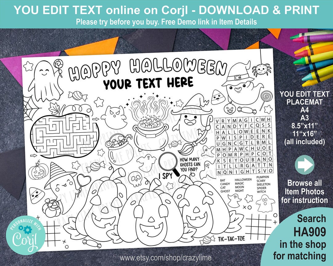 EDITABLE Halloween Party Placemat for Kid. Personalised Coloring Game ...