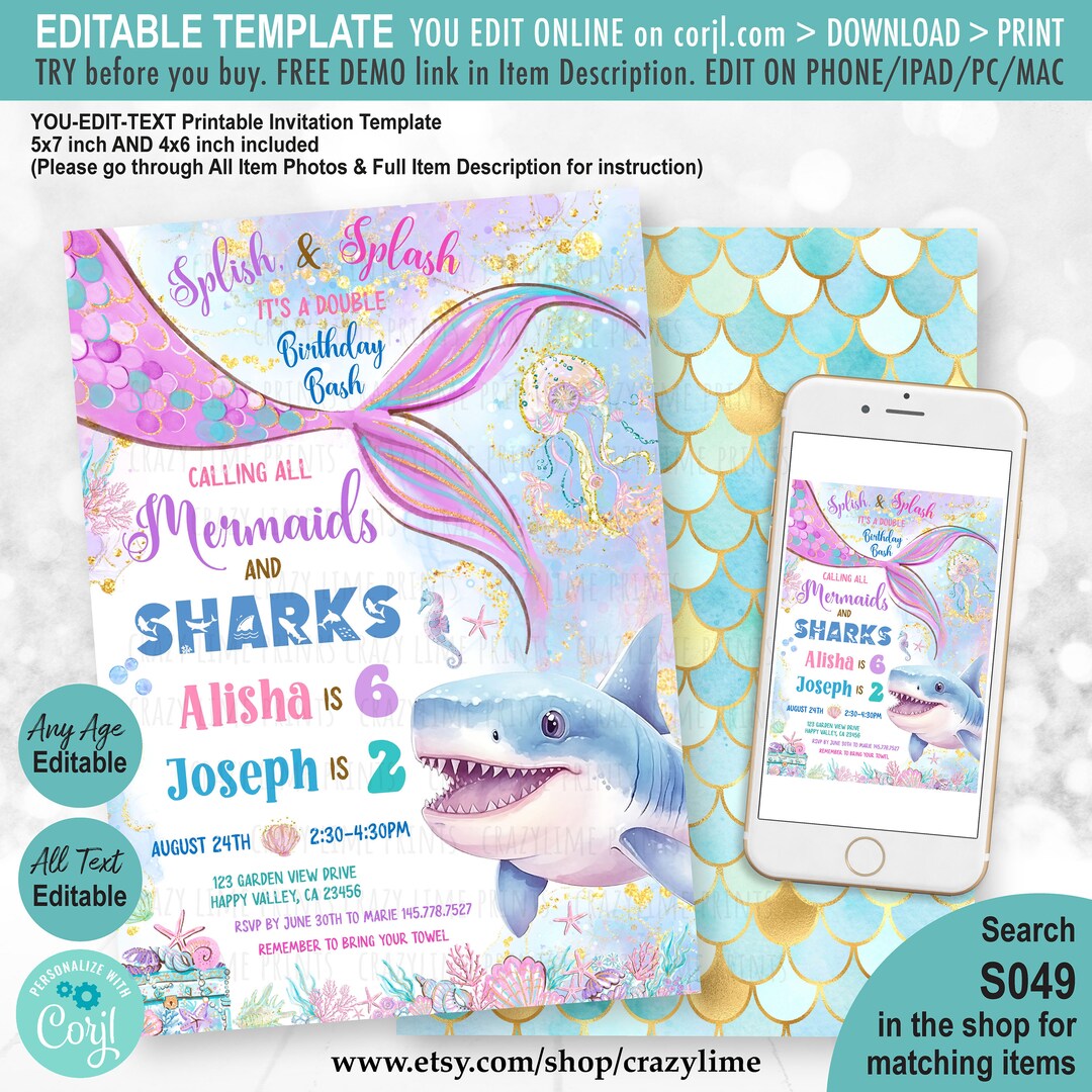 Editable Mermaid & Shark Under the Sea Siblings Birthday Party ...