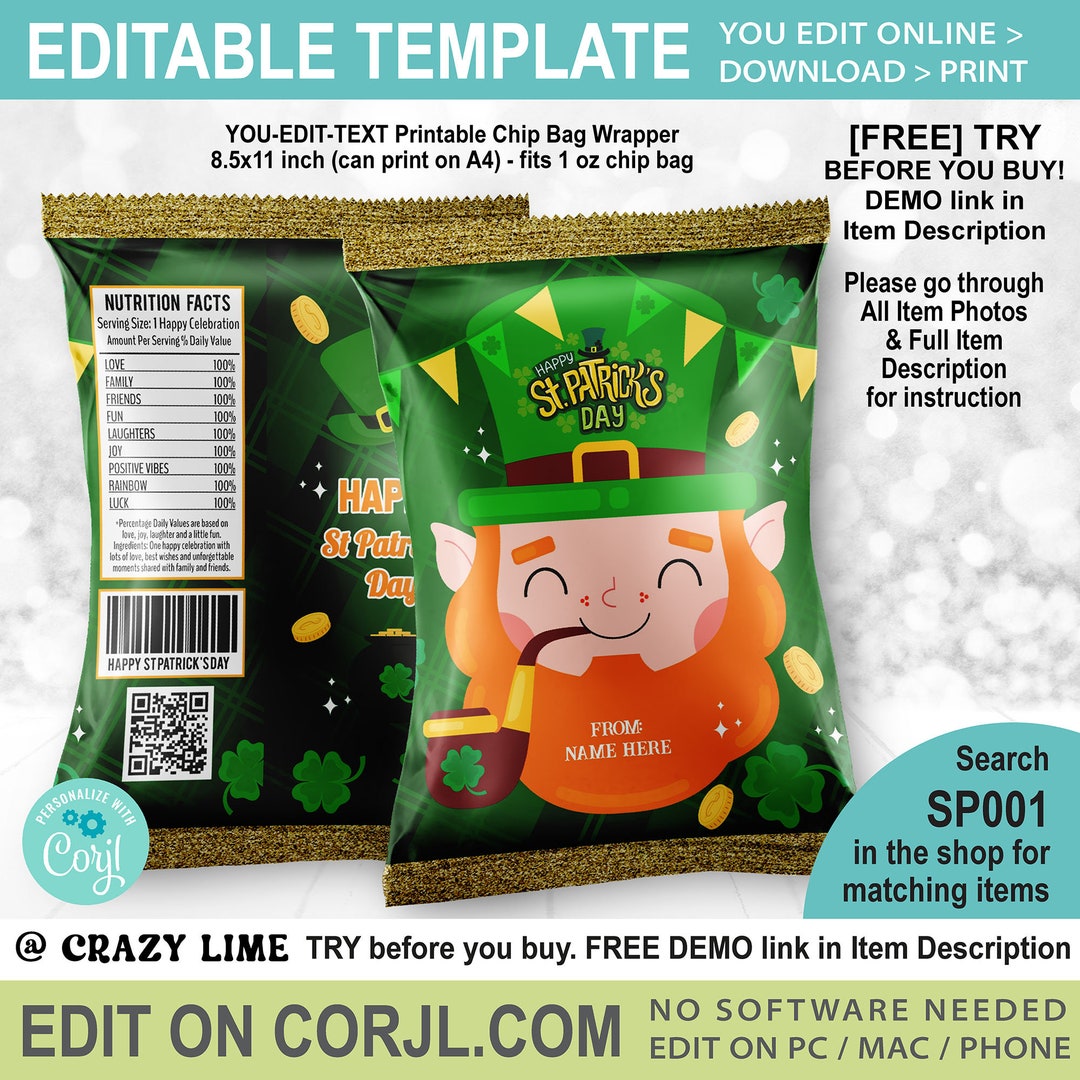 EDITABLE St Patricks Day Chip Bag Template. Kid Saint Patrick's Party ...