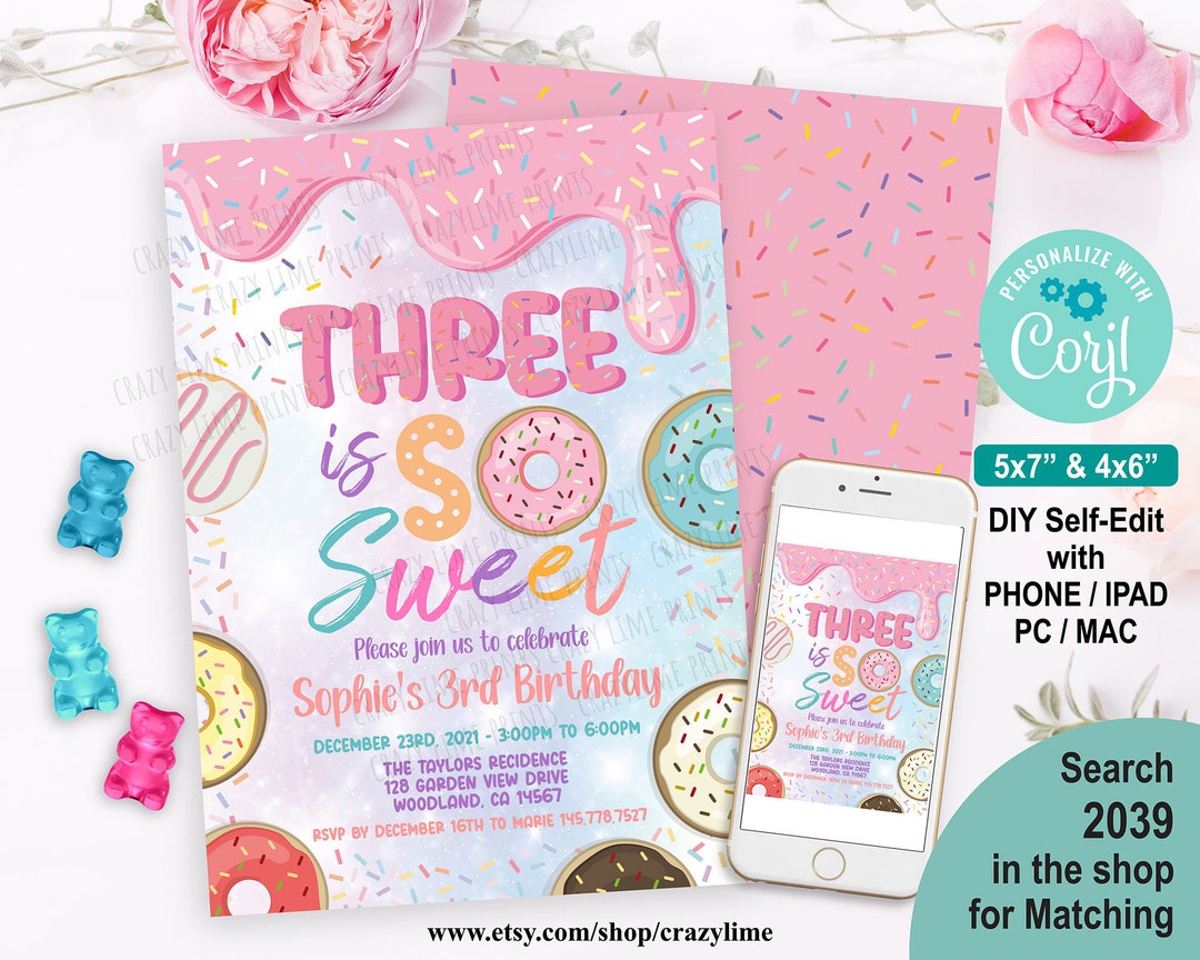 Editable Donut Three is so Sweet 3rd Birthday Party Invitation Template ...