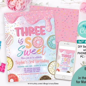 Editable Donut Three is so Sweet Birthday Party Invitation Template ...