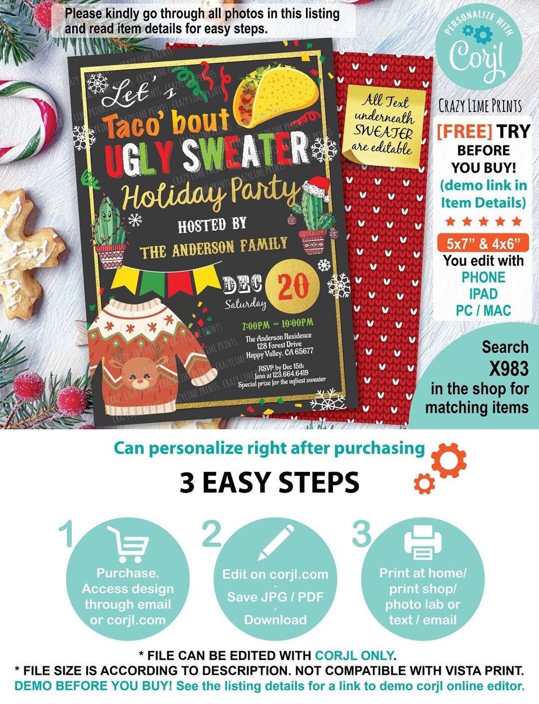 Taco Ugly Christmas Sweater Invitation. EDITABLE Holiday Fiesta Invite ...