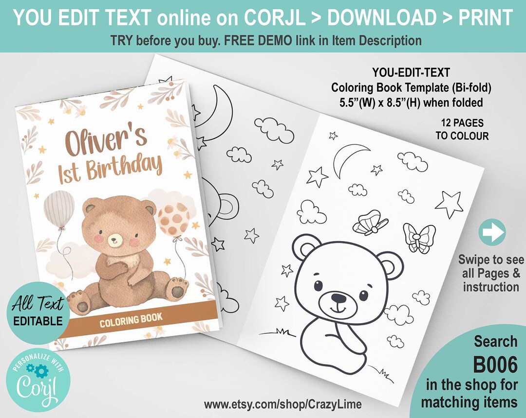 EDITABLE Bear Birthday Party Coloring Book. 8.5 X 11 Inch (5.5 X 8.5 ...