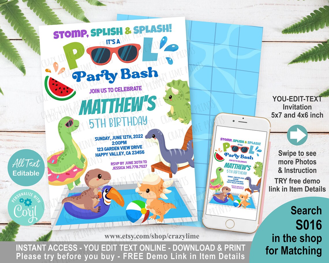 Dinosaur Pool Party Birthday Invitation. Editable Summer Party - Etsy