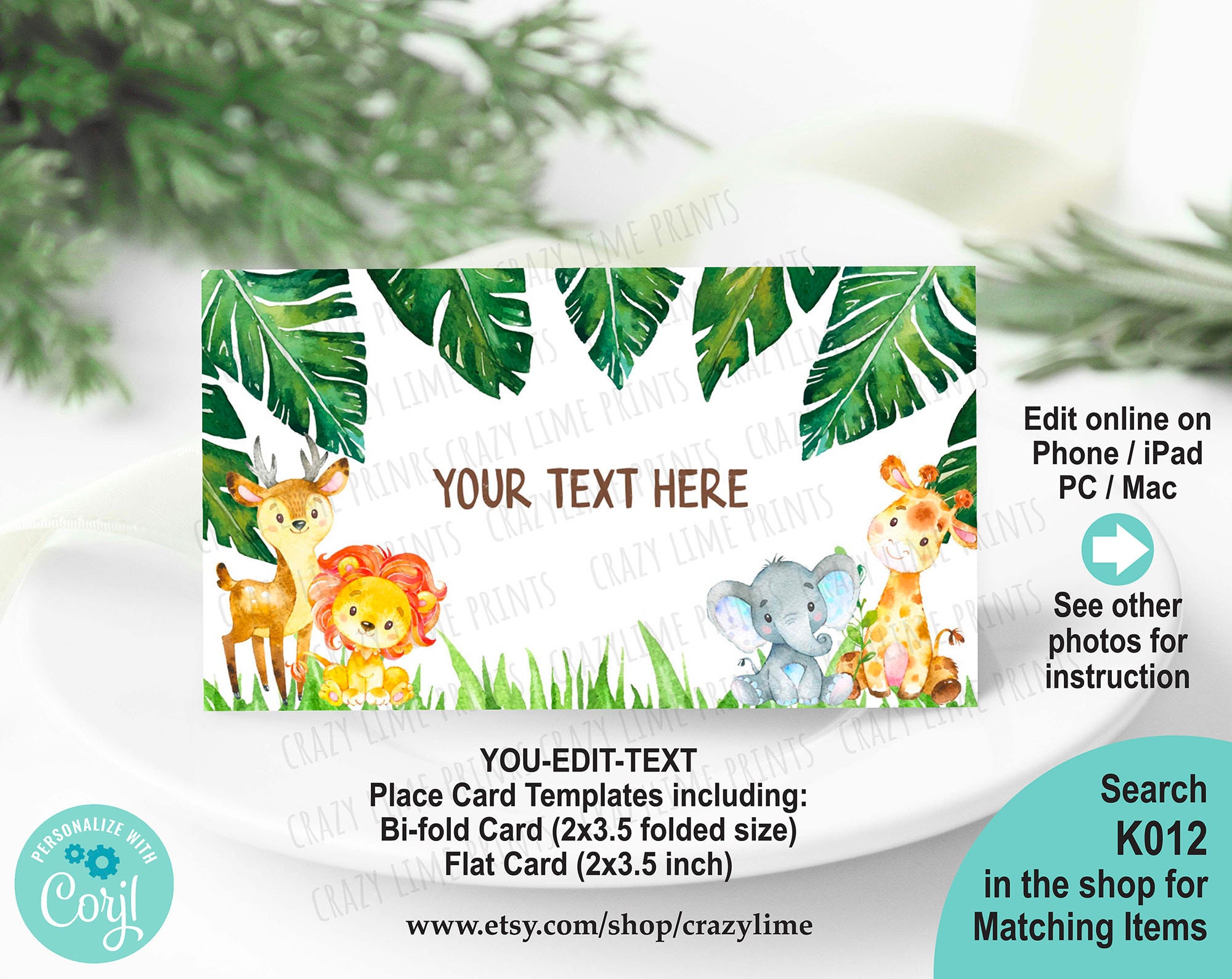 EDITABLE Jungle Animals Place Card Template. Printable Safari | Etsy