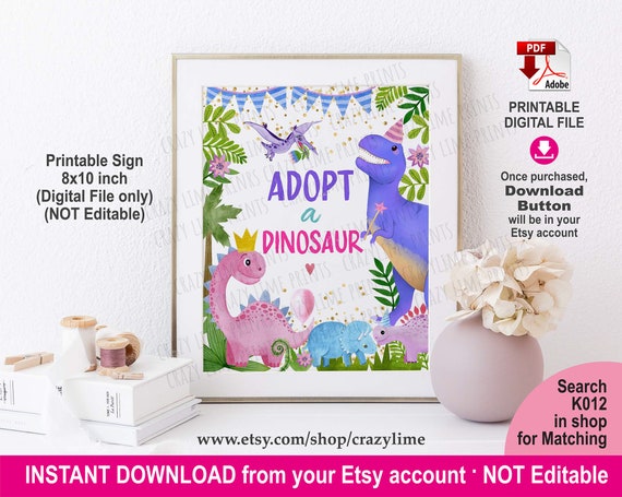Pink Adopt a Dinosaur Sign. Girl Dino Party Favor Table Sign. - Etsy