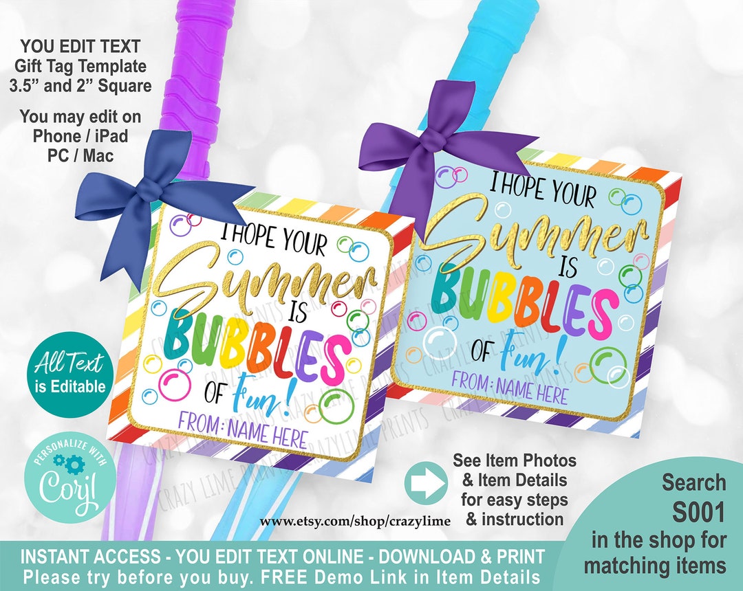 End of School Year Bubble Wand Gift Tag Editable Template. I Hope Your ...