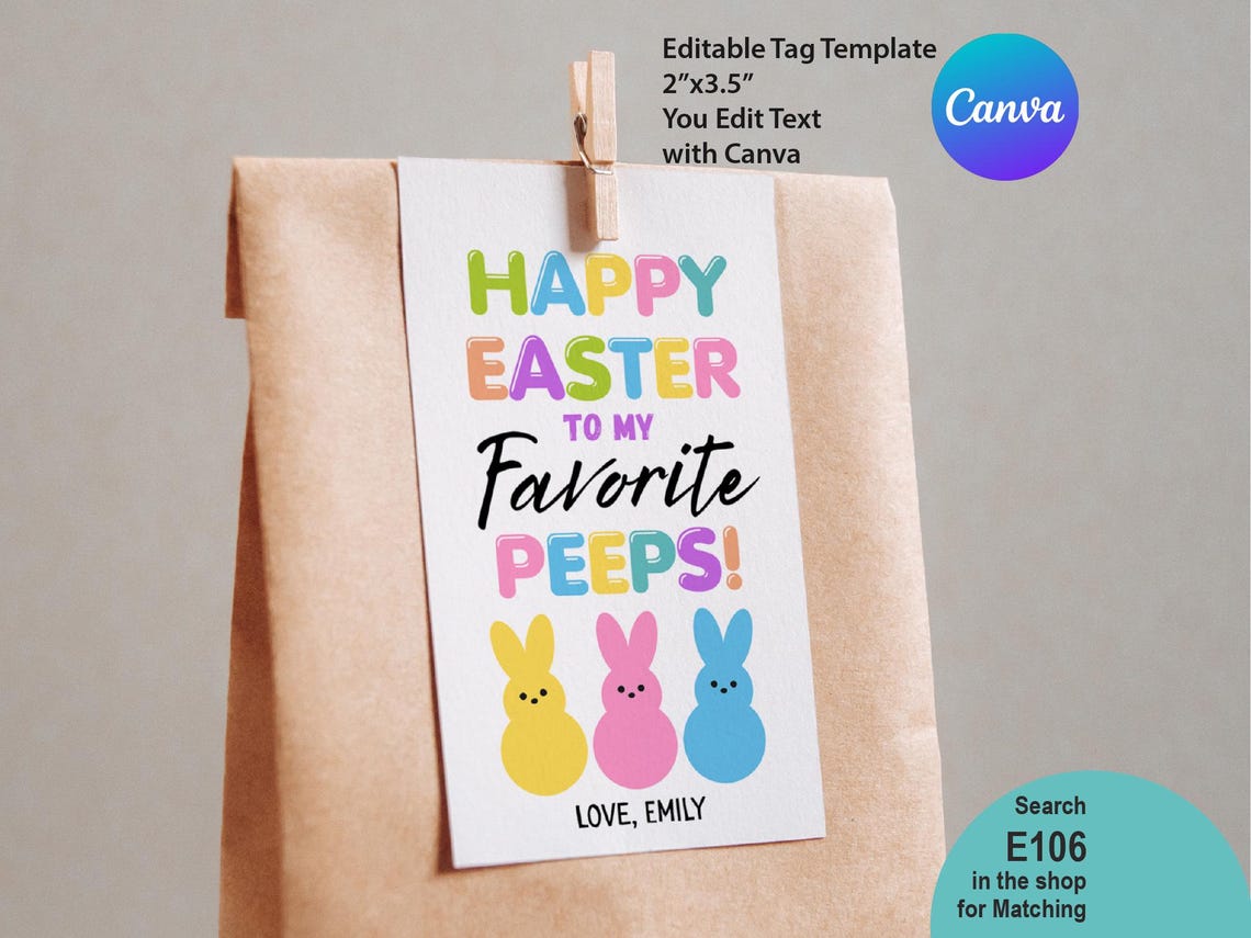 Editable Easter Gift Tag – Bunny Peeps, Canva Template (digital ...