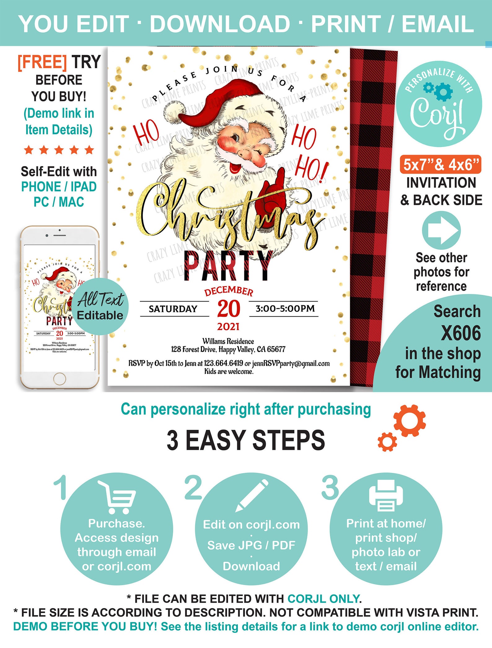 Santa Christmas Party Invitation Editable Template. Digital - Etsy